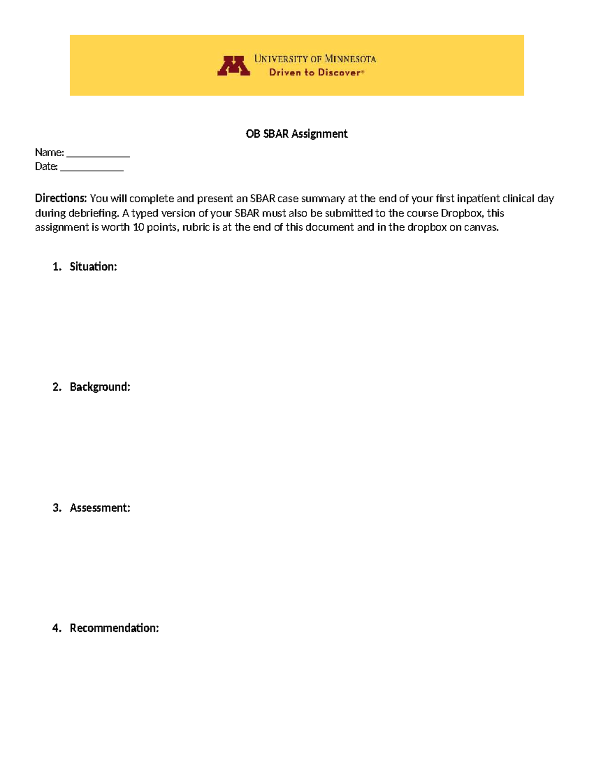 OB SBAR Assignment: Case Summary Guidelines for Clinical Day - Studocu