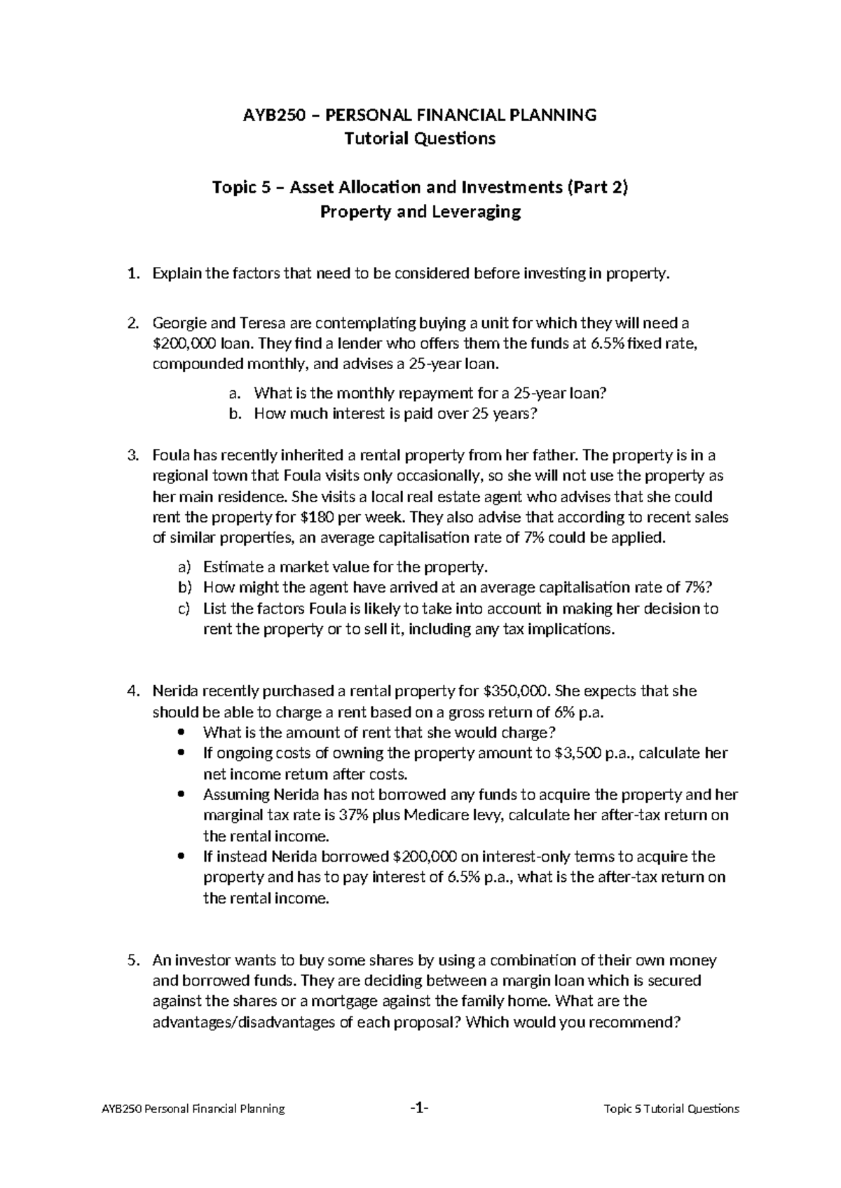 AYB250 Personal Financial Planning: Topic 5 Tutorial Questions on Asset ...