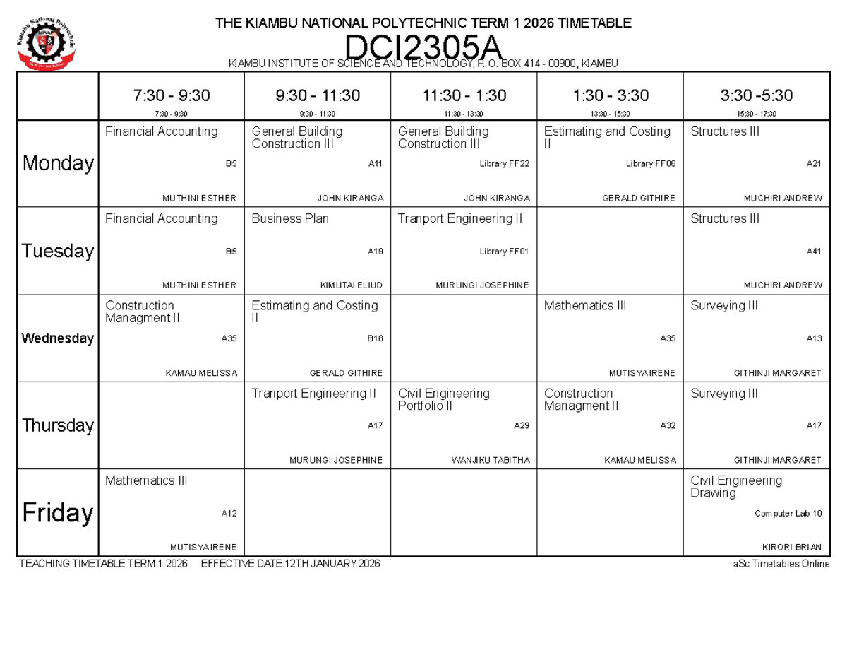 KIAMBU POLYTECHNIC TERM 1 2026 CLASS TIMETABLE DCI2305A/B - Studocu