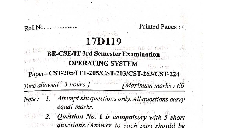 OS 17D119 3rd Sem Exam: Operating System Concepts & Questions - Studocu