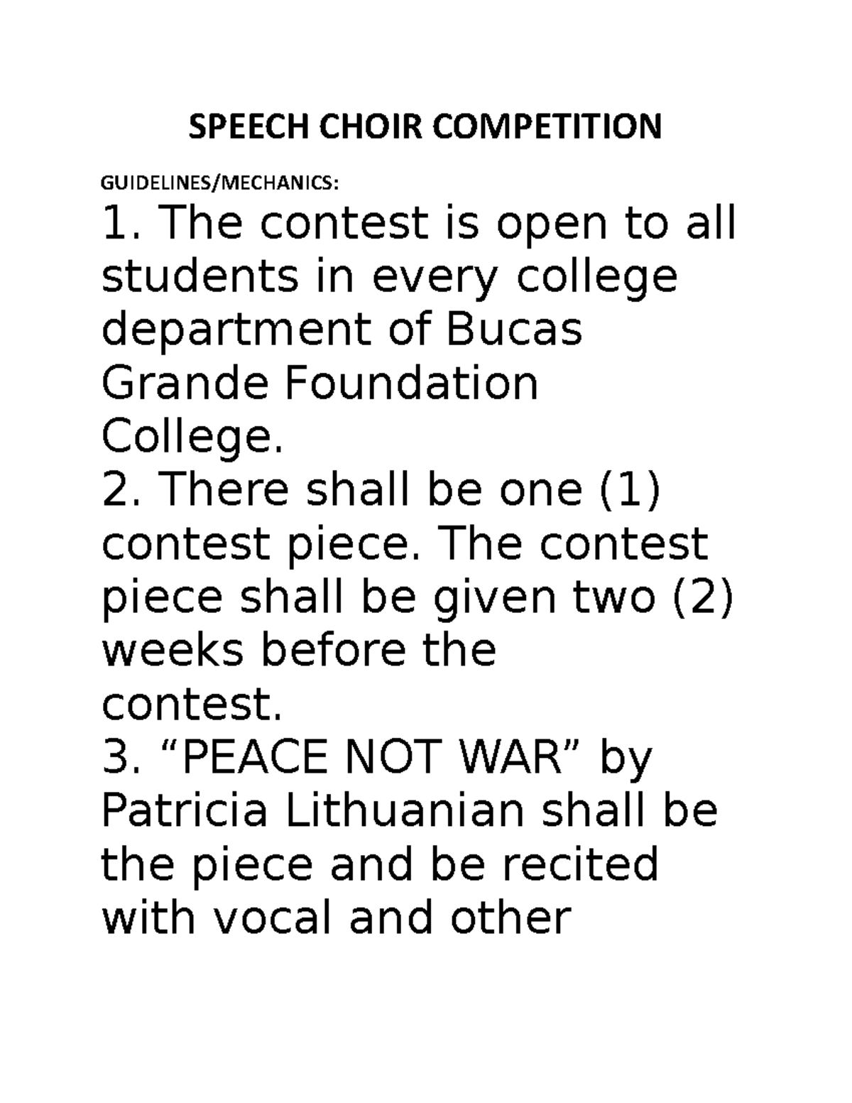 BGC Speech Choir Competition Guidelines and Mechanics - Studocu