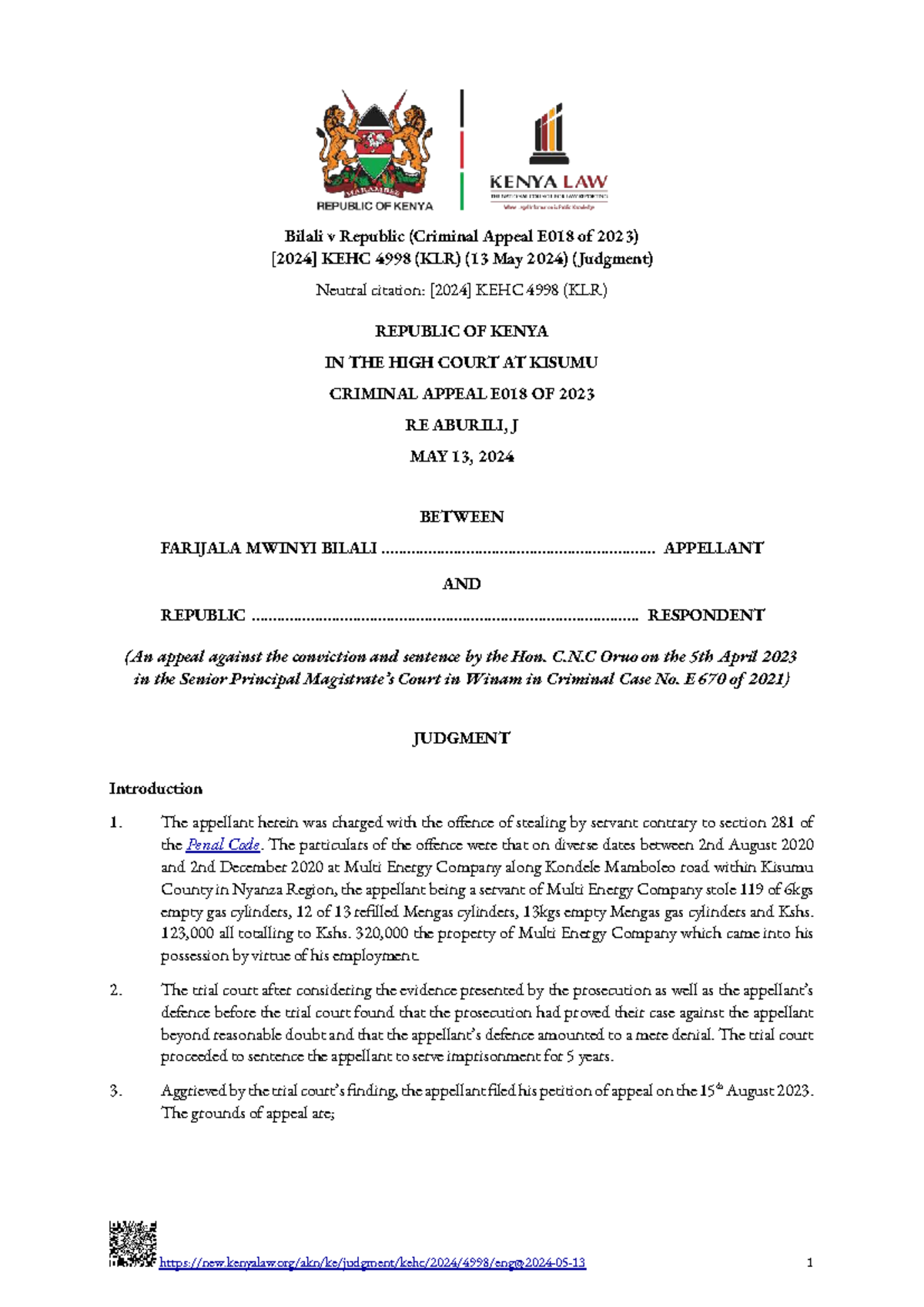 Bilali v Republic (Criminal Appeal E018 of 2023) Judgment Analysis (May ...