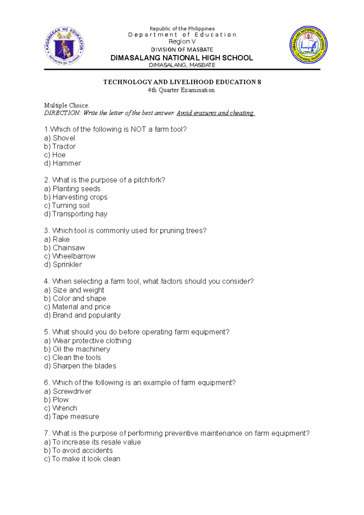 TLE FOURTH QUARTER EXAM 8 - Republic of the Philippines D e p a r t m e ...