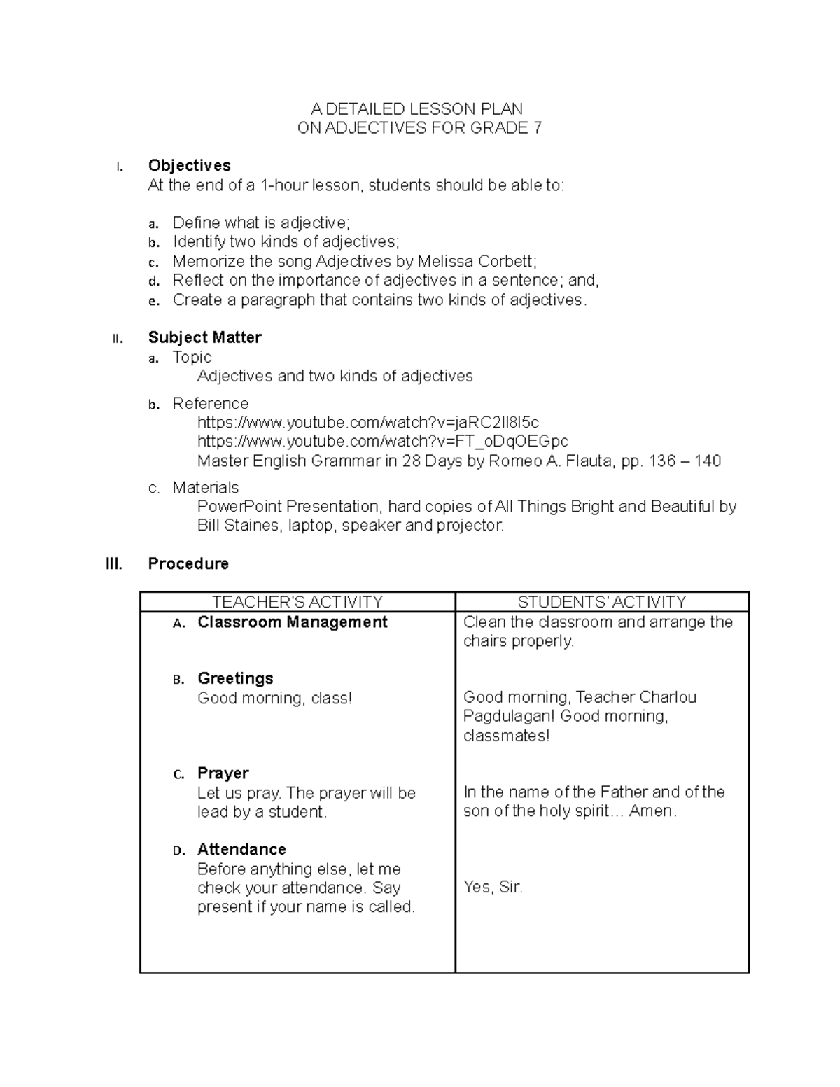 A Detailed Lesson Plan on Adjectives for Grade 7 (BSED-Eng 4A) - Studocu