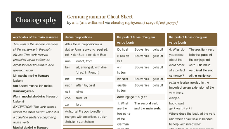 German Grammar Cheat Sheet: Word Order & Perfect Tense (AILA) - Studocu