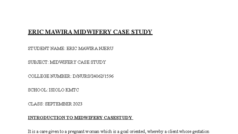 ERIC MAWIRA MIDWIFERY CASE STUDY: CLIENT BEATRICE KAMBURA - Studocu