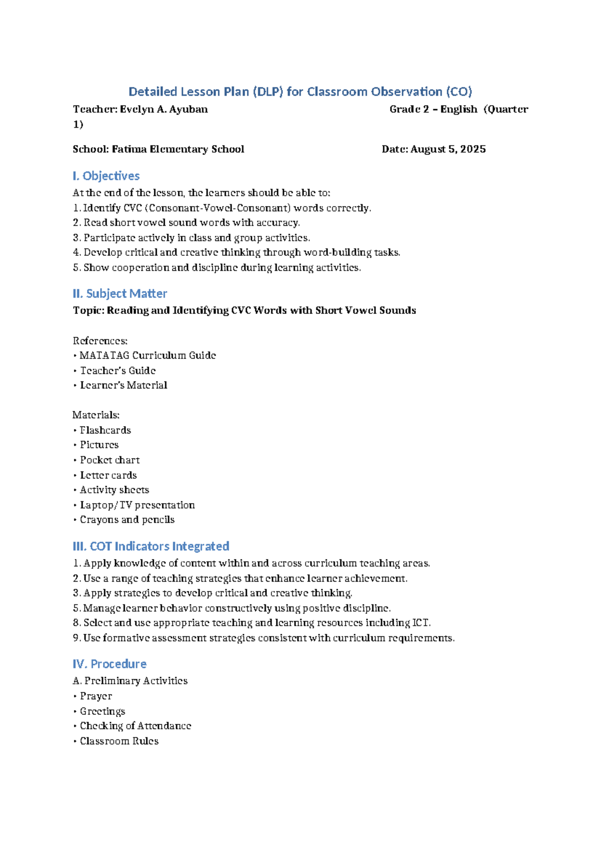 Grade 2 CO Detailed Lesson Plan: CVC Words & Fractions (Aug 5, 2025 ...