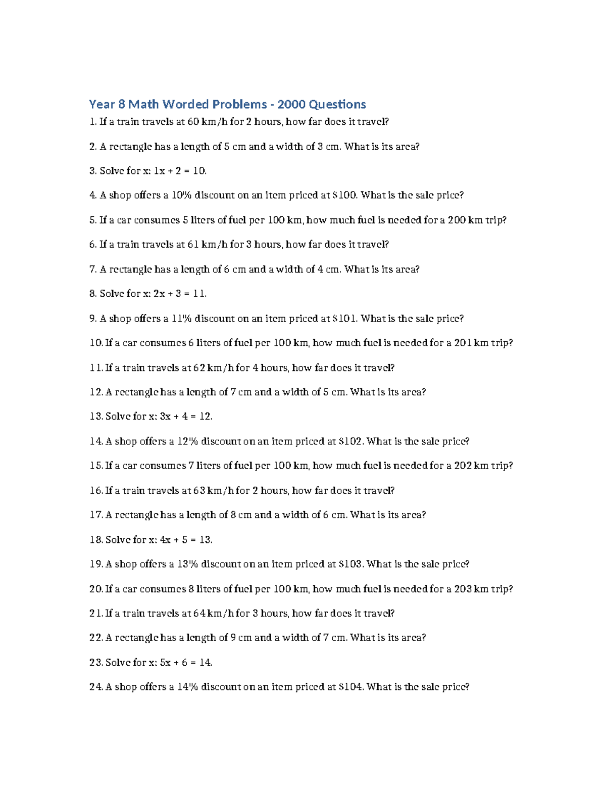 Year8 Maths 2000 Questions - Year 8 Math Worded Problems - 2000 ...