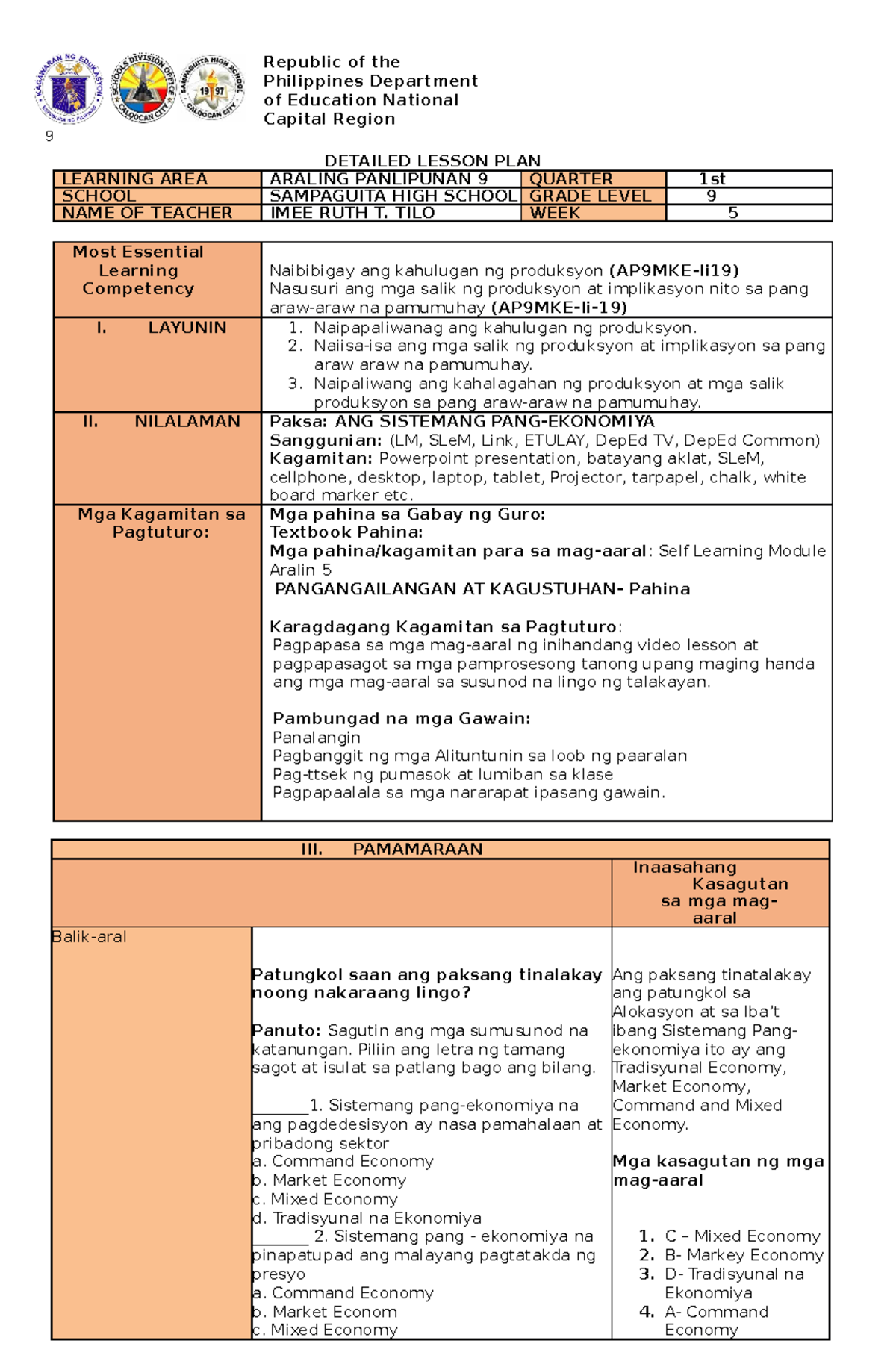 DLP AP9 WEEK 5 - Lesson Plan on Production in Araling Panlipunan 9 ...