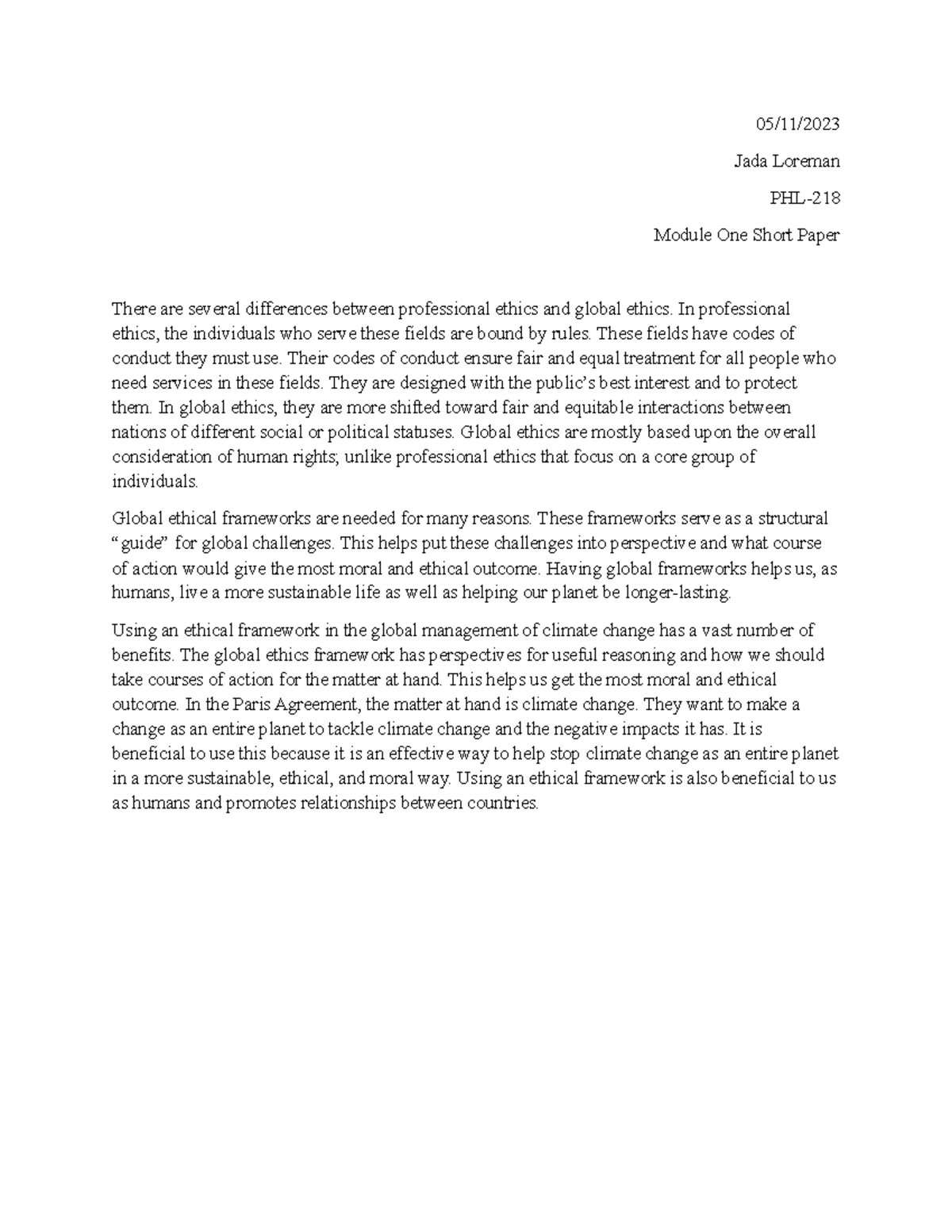 218 Module One Assignment - 05/11/ Jada Loreman PHL- Module One Short ...