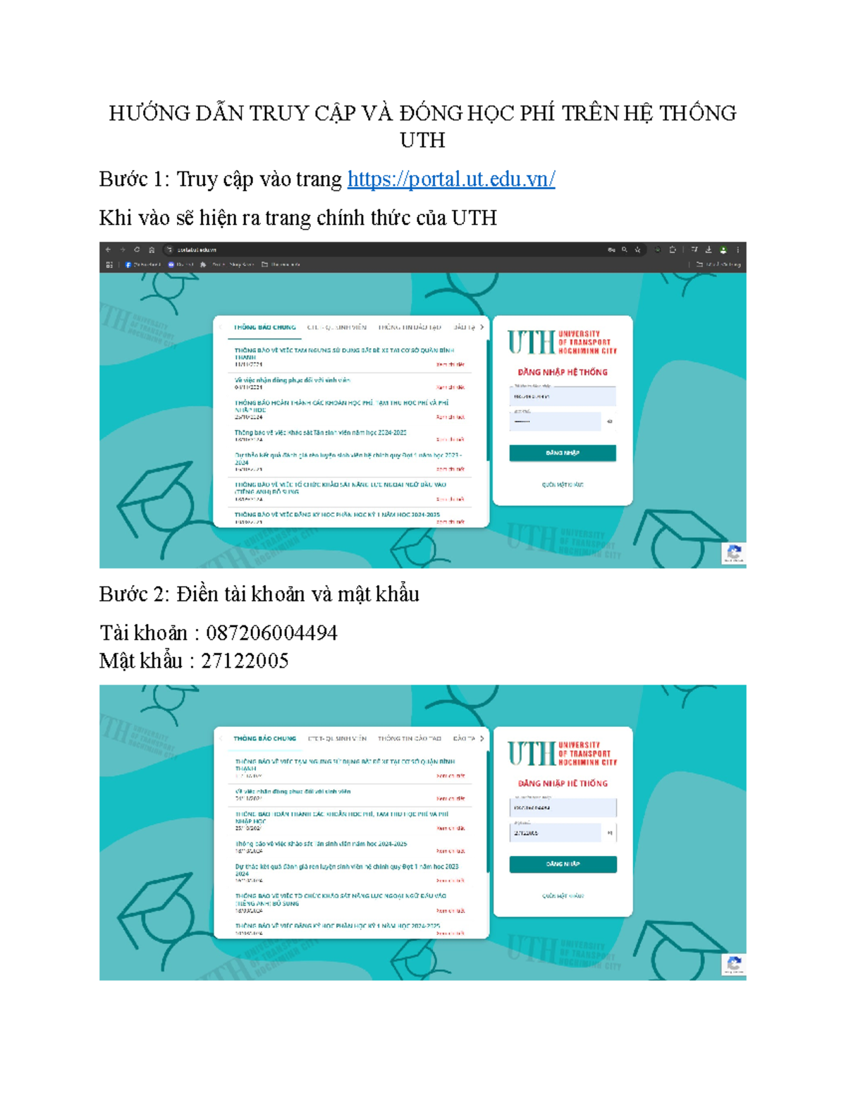HƯỚNG DẪN TRUY CẬP VÀ ĐÓNG HỌC PHÍ TRÊN HỆ THỐNG UTH - Kinh tế vận tải ...