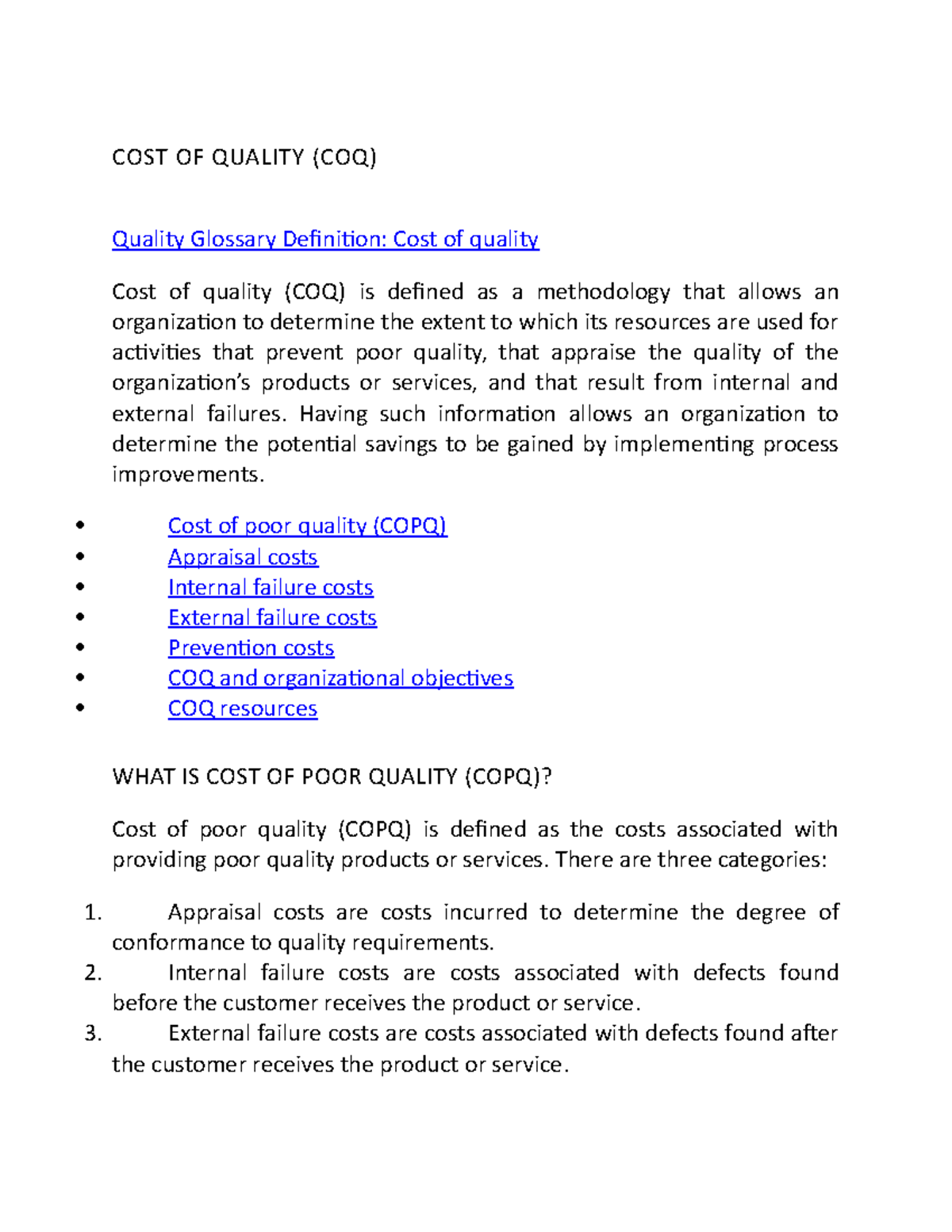 COST OF QUALITY (COQ): Understanding and Managing Quality Costs - Studocu