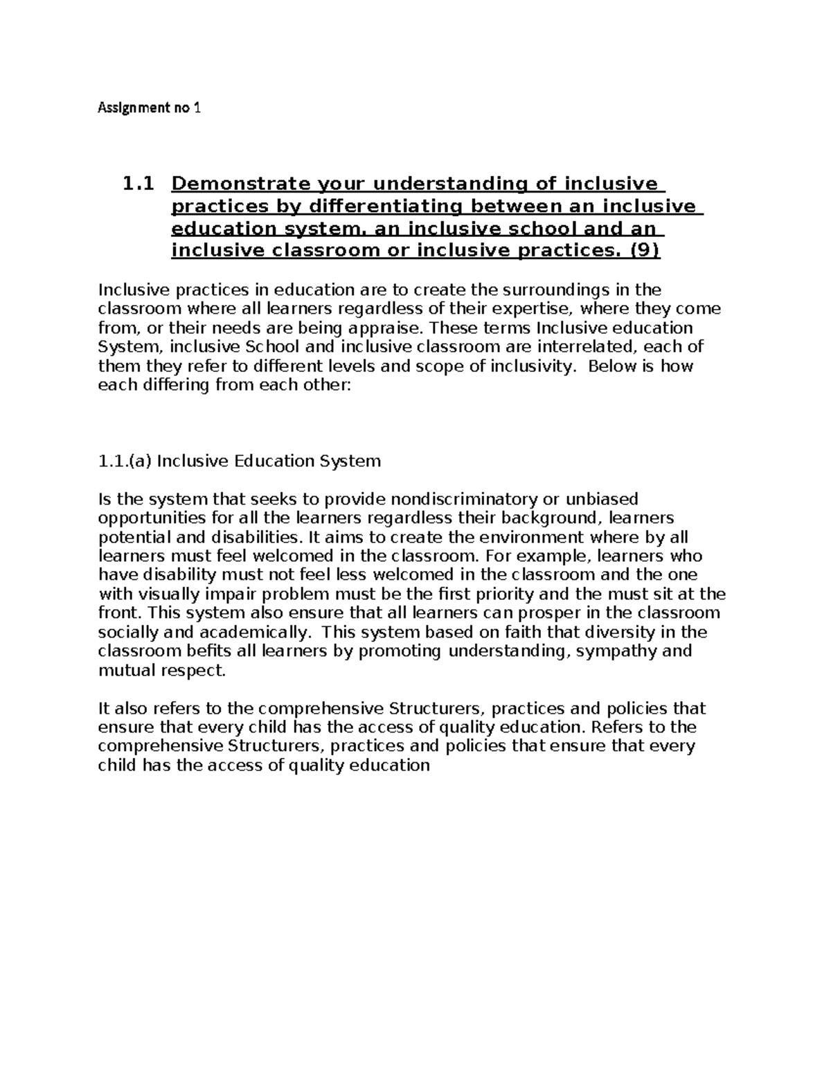 EDU 101 Assignment 1: Understanding Inclusive Practices in Education ...