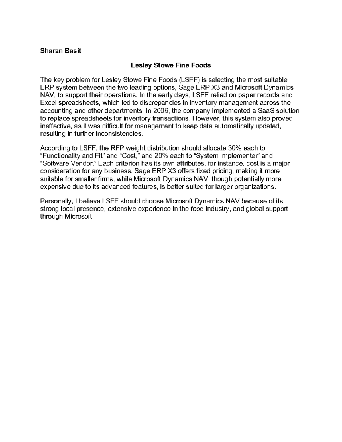 LSFF Case Study: ERP System Selection for Lesley Stowe Fine Foods - Studocu