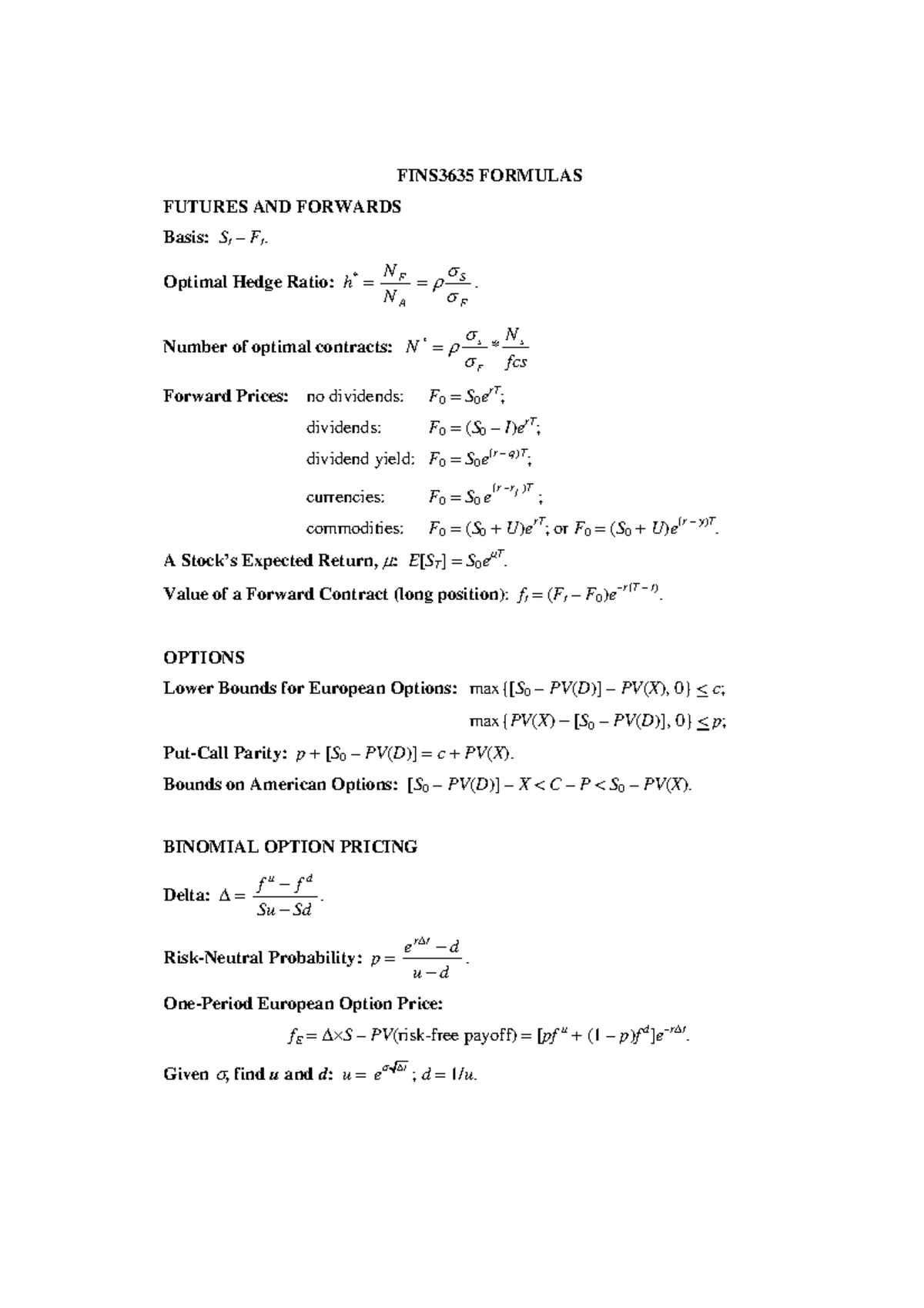 FINS3635 2017 Formulas for Futures, Options & Pricing Techniques - Studocu