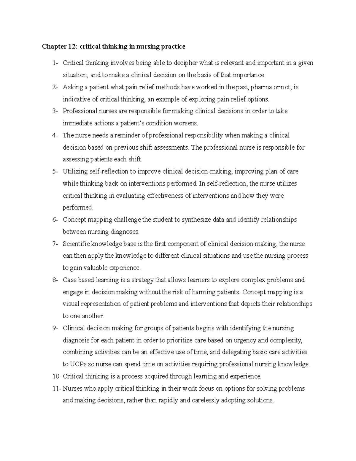 Chapter 12, 13, 14, 15 - Chapter 12: critical thinking in nursing ...