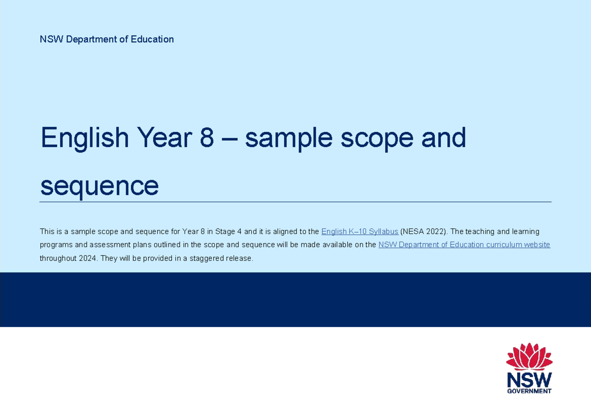 English Year 8 Sample Scope and Sequence (S4) - NSW Education - Studocu