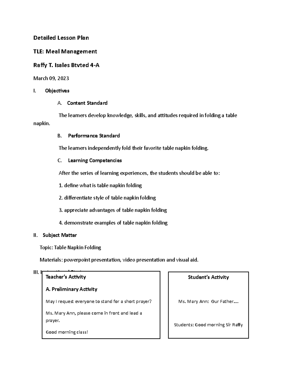 Btvted 4-A Detailed Lesson Plan: TLE Meal Management on Napkin Folding ...