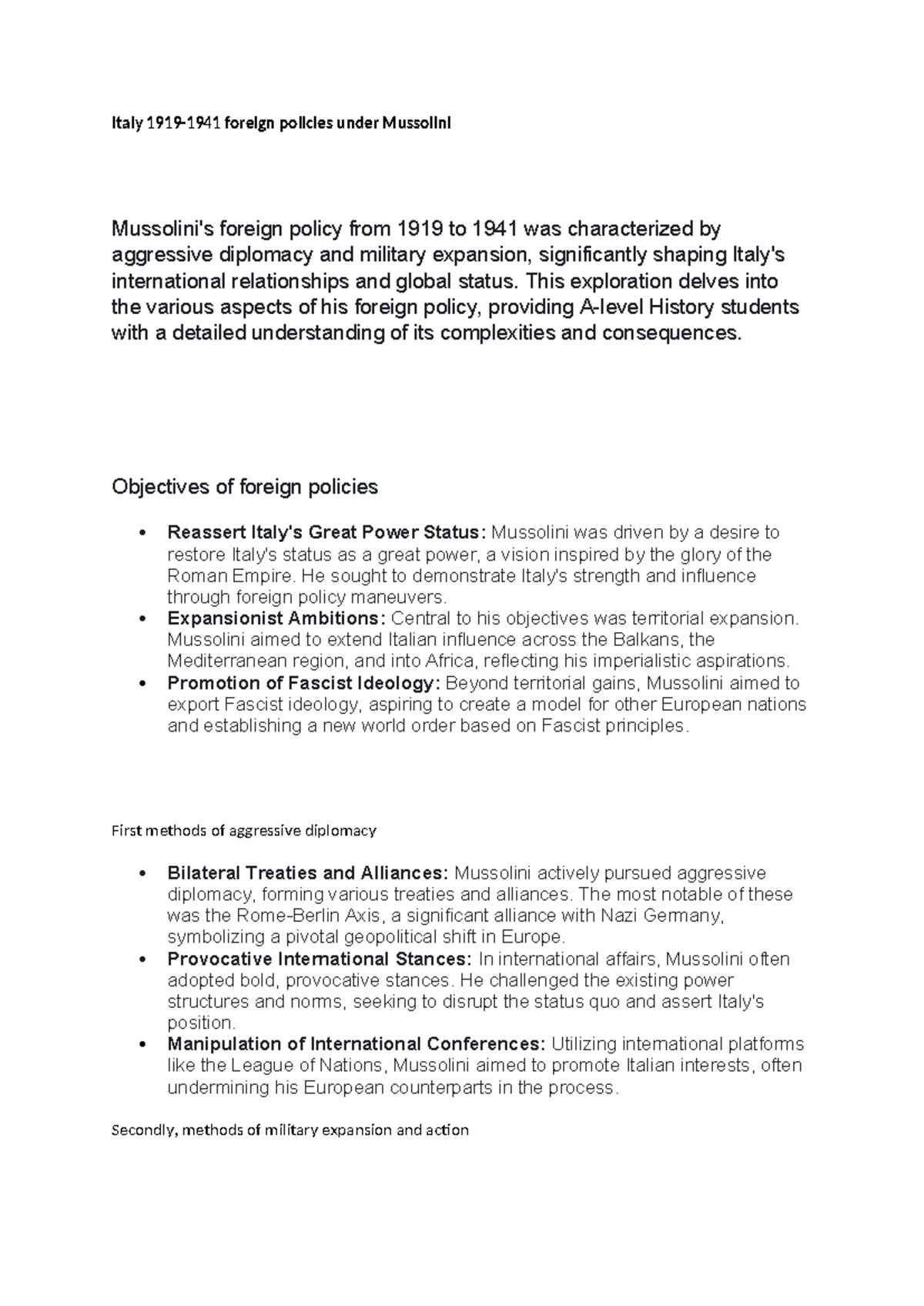Italy's Foreign Policies Under Mussolini: 1919-1941 Analysis - Studocu