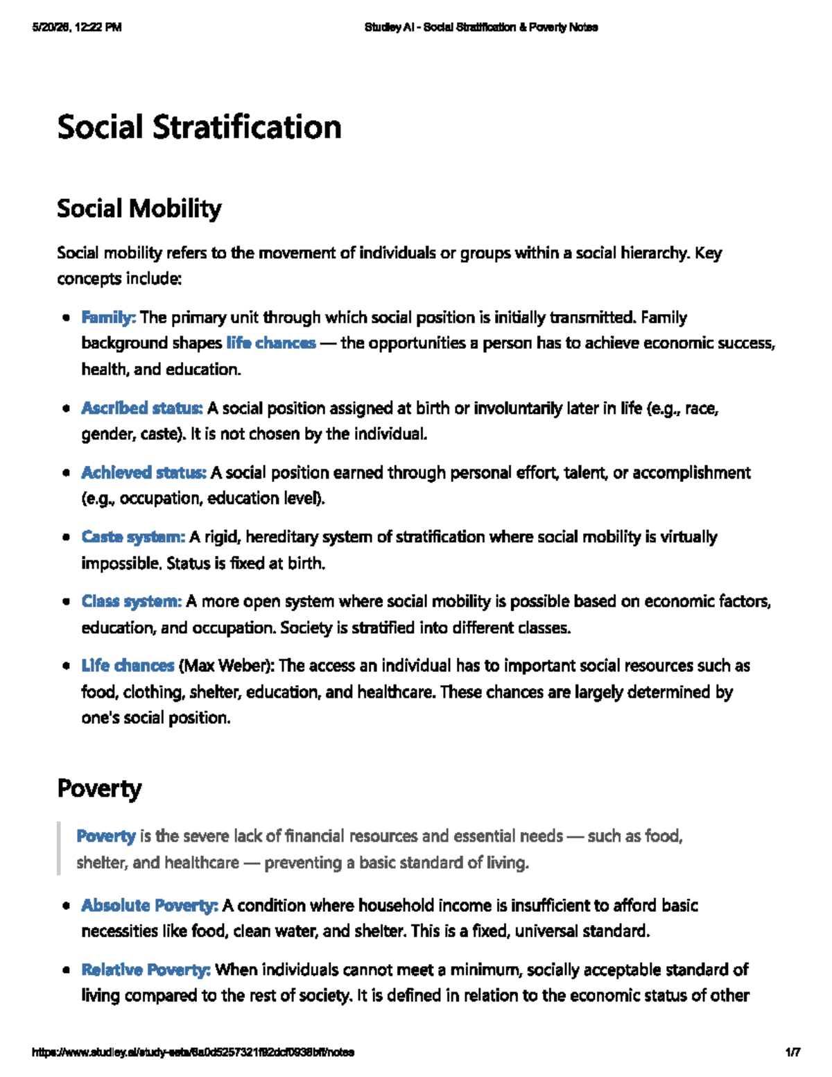 Sociology 12:22 PM Exam Notes on Social Stratification & Poverty - Studocu