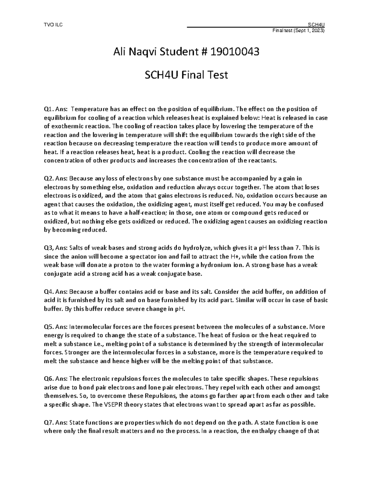 Final Test - SCH4U Grade 12 Chemistry (Sept 1, 2023) - Studocu