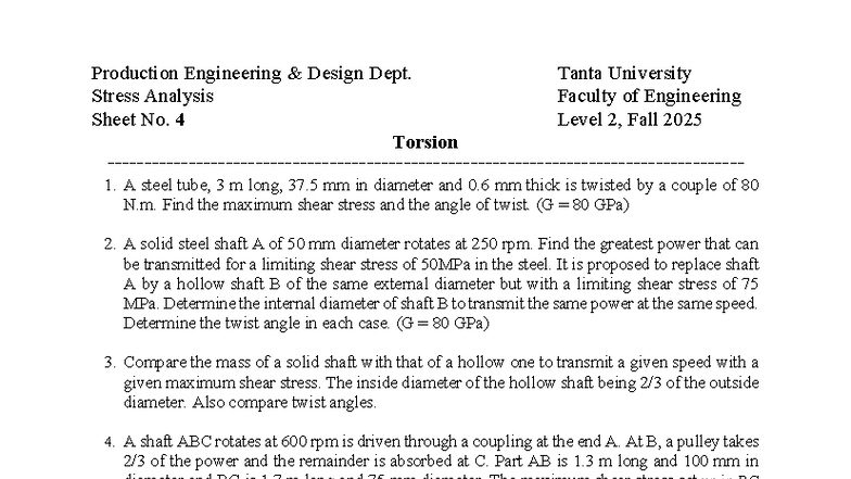 Tanta University Engineering Level 2: Stress Analysis Sheet 4 - Torsion ...