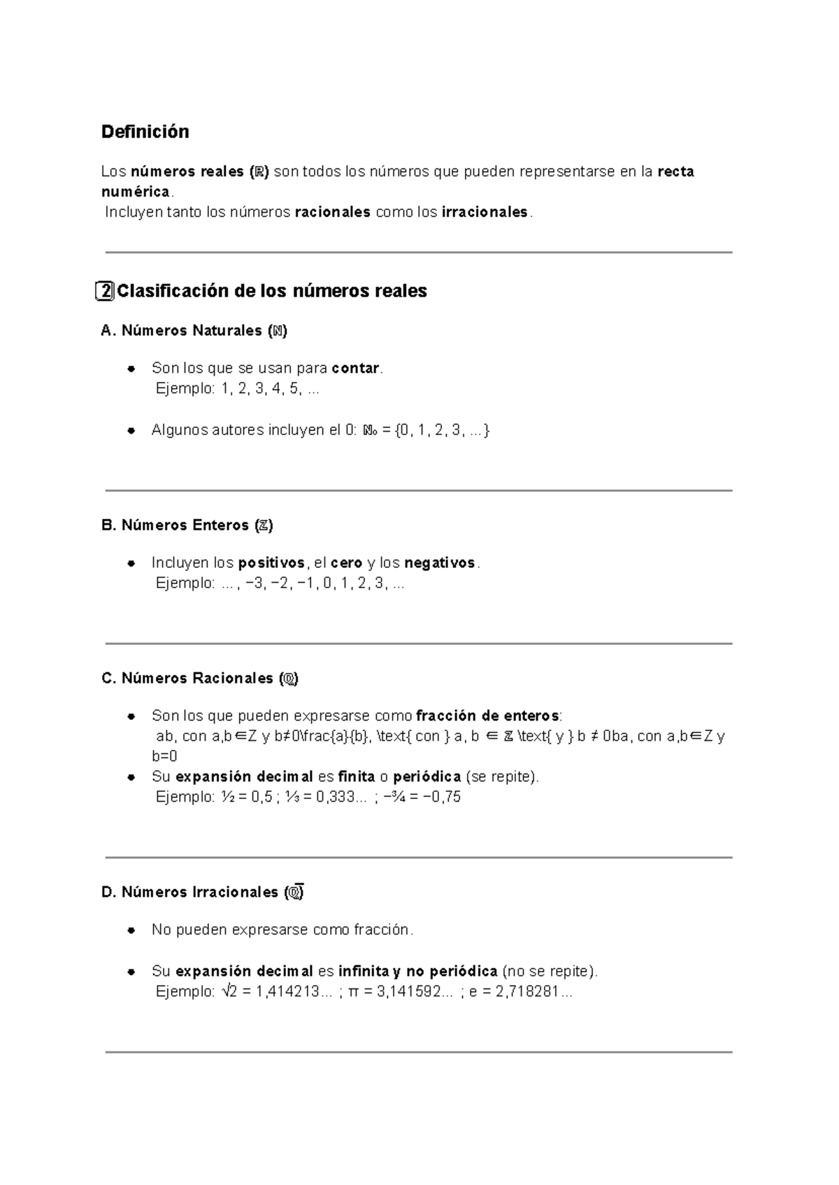 Clasificación y Definición de Números Reales (ℝ) en Matemáticas - Studocu