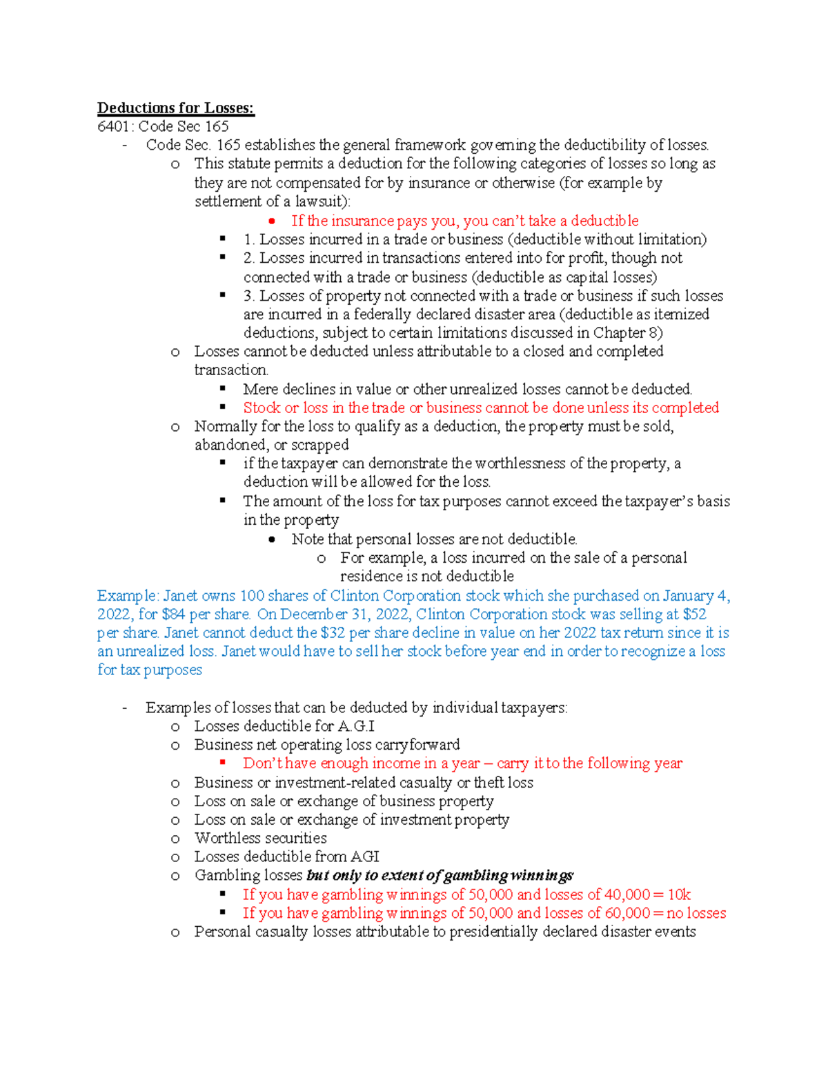 Chapter 6 : 9 - Deductions for Losses: 6401: Code Sec 165 - Code Sec ...