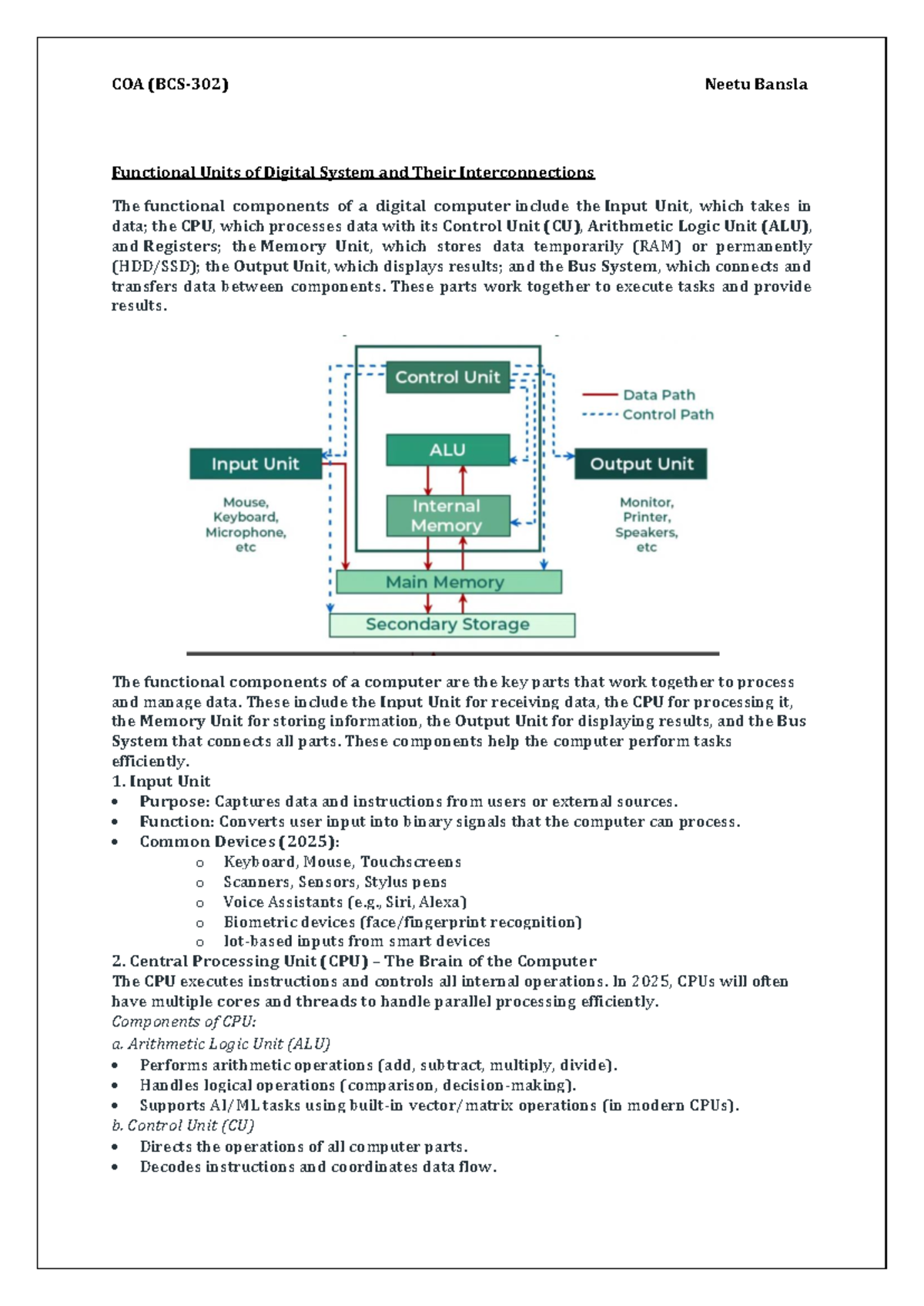 COA UNIT-1: Functional Units of Digital Systems and Interconnections ...
