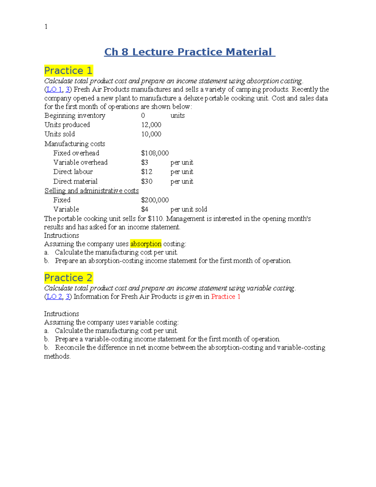 Ch 8 Lecture Practice Exercises: Income Statements & Costing Methods - Studocu