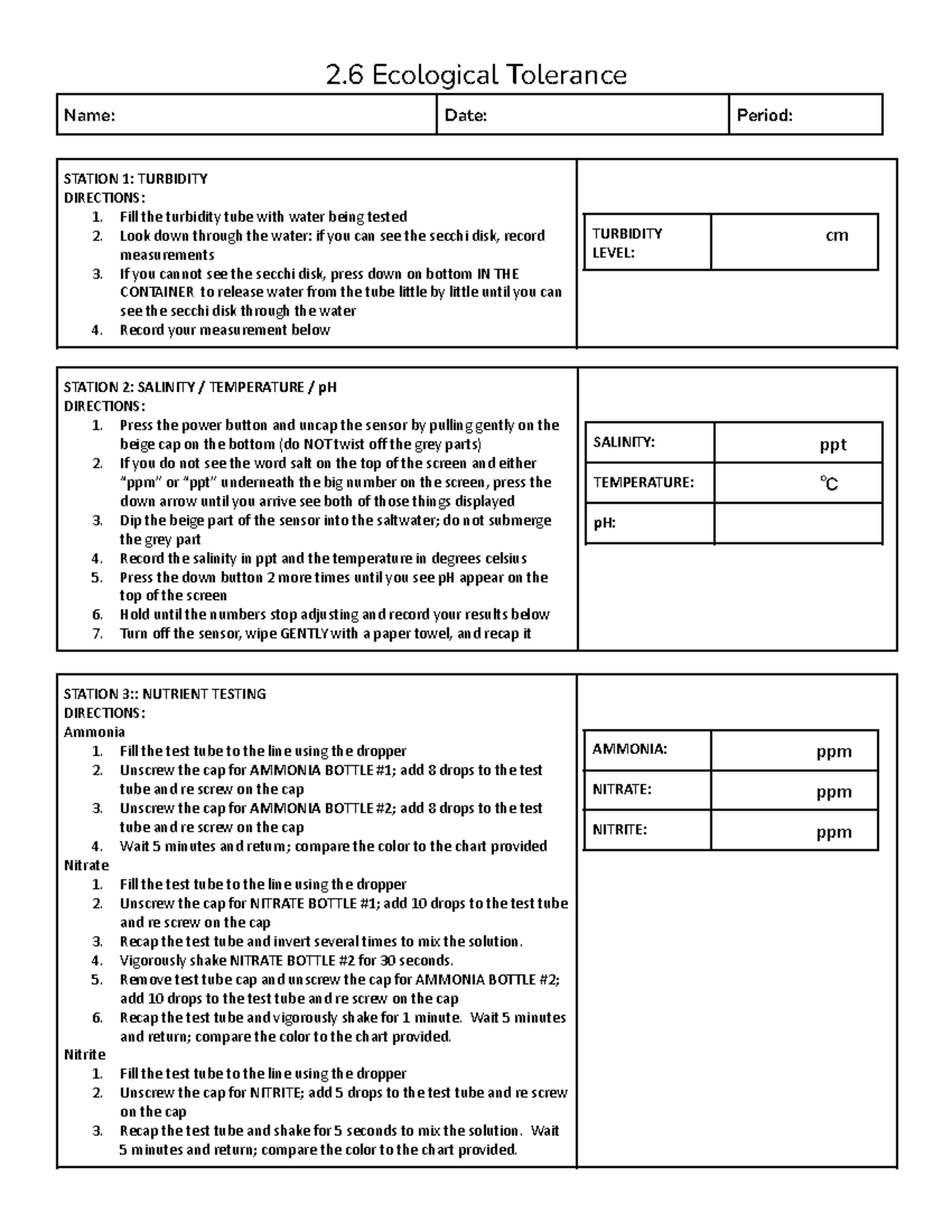 2.6 Ecological Tolerance Lab: Turbidity, Salinity, & Nutrient Testing ...