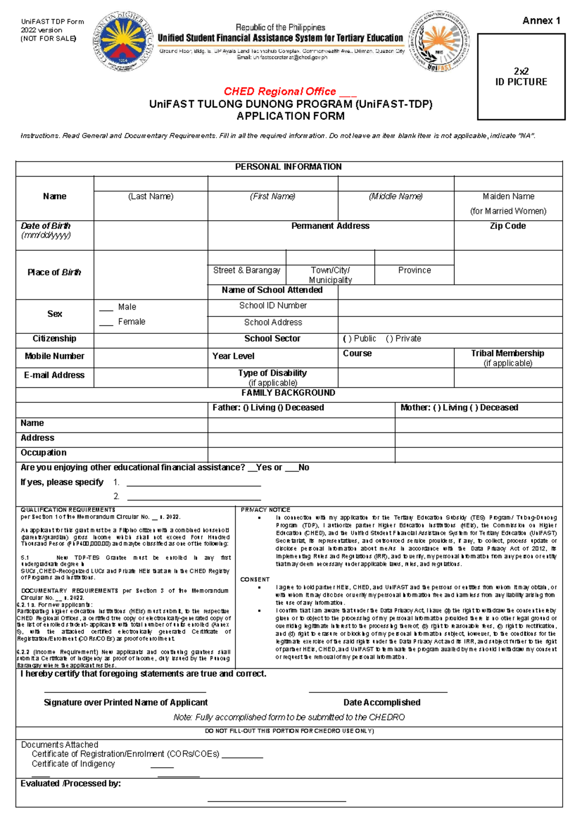 UniFAST TDP Application Form - Annex 1 (2022 Version) - Studocu