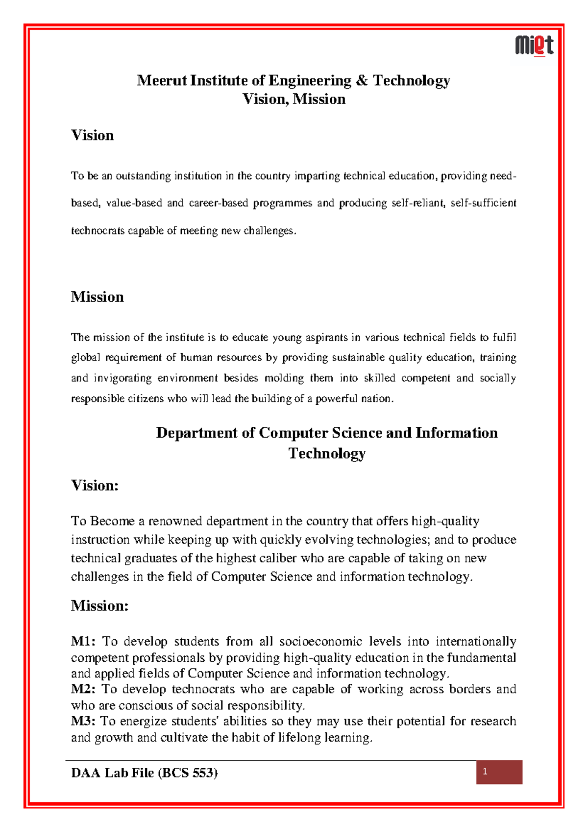 CSIT DAA Lab File (BCS 553): Algorithms and Experiments Overview - Studocu
