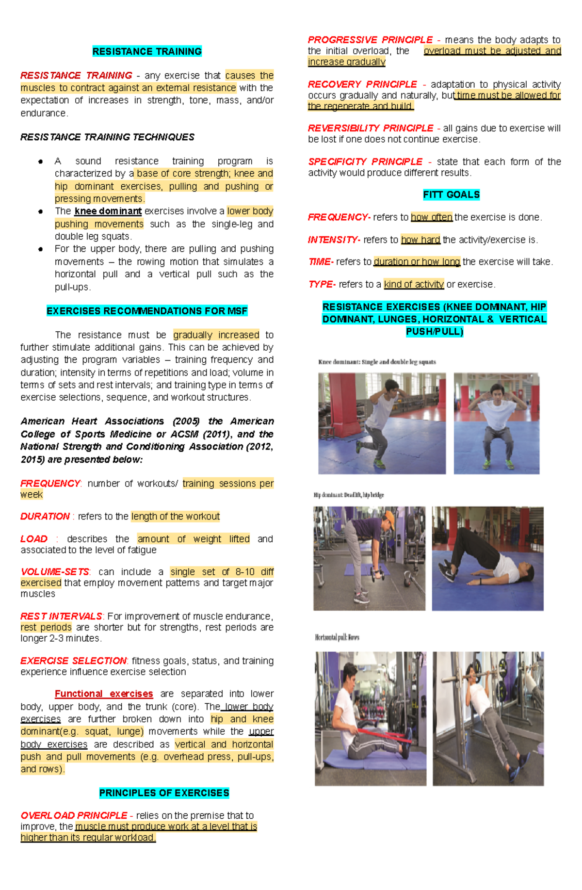 Resistance Training Techniques & Fitness Test Protocols Review - Studocu