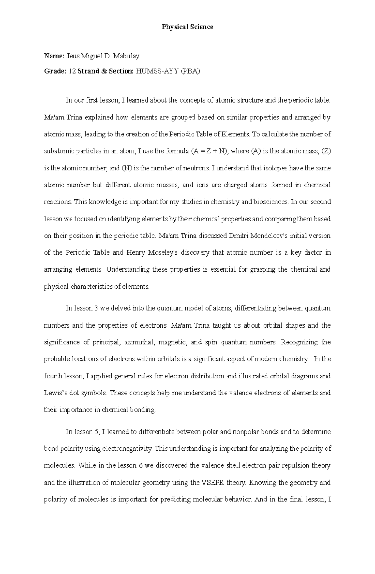 Reflection Paper on Physical Science Concepts - 12 HUMSS-AYY - Studocu