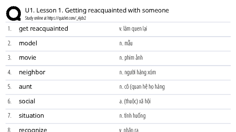 U1. Lesson 1: Getting Reacquainted Vocabulary Guide - Studocu