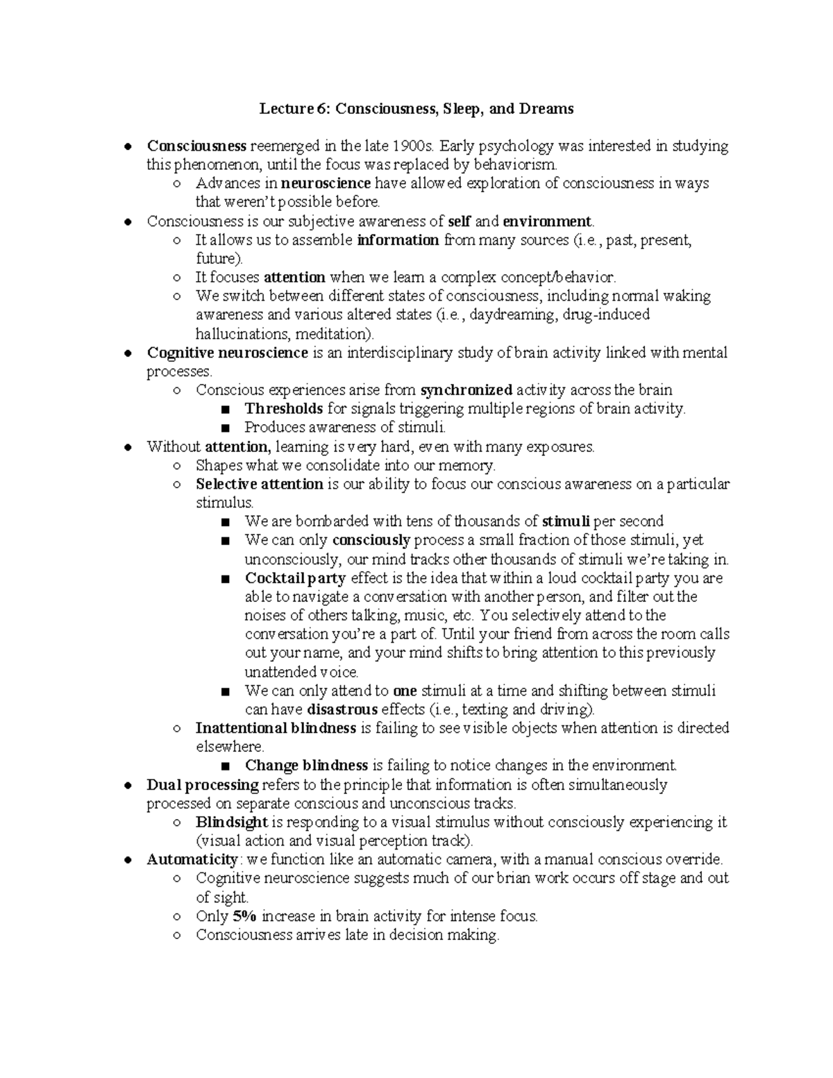 Lecture 6: Consciousness, Sleep, and Dreams Overview - Studocu