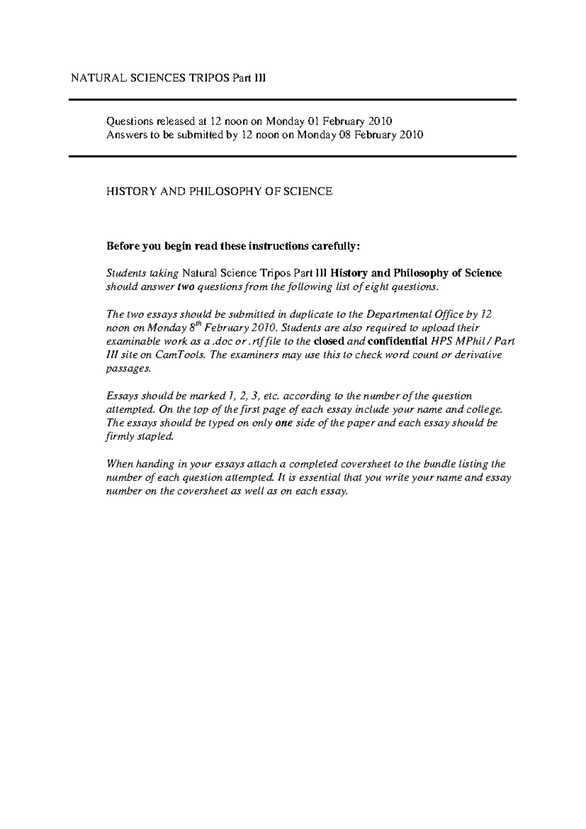 NST Part III History and Philosophy of Science Exam Questions 2010 ...