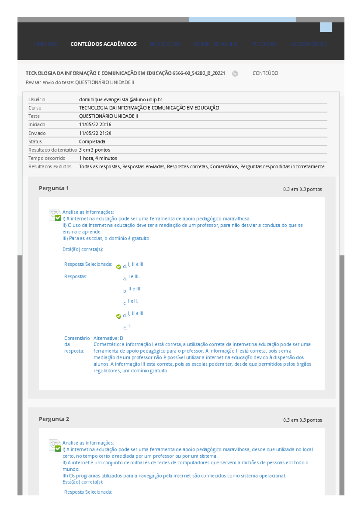 Revisão do Teste: Questionário Unidade II - TIC Educacional 6566-60 ...