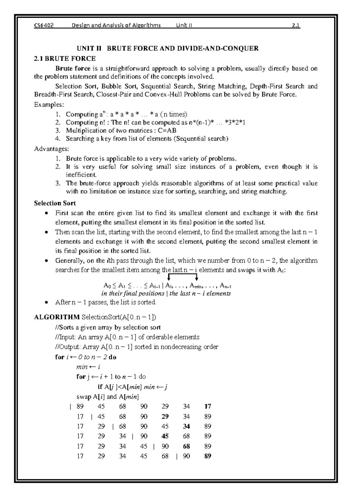 CS6402 - Design and Analysis of Algorithms: Unit II - Brute Force ...
