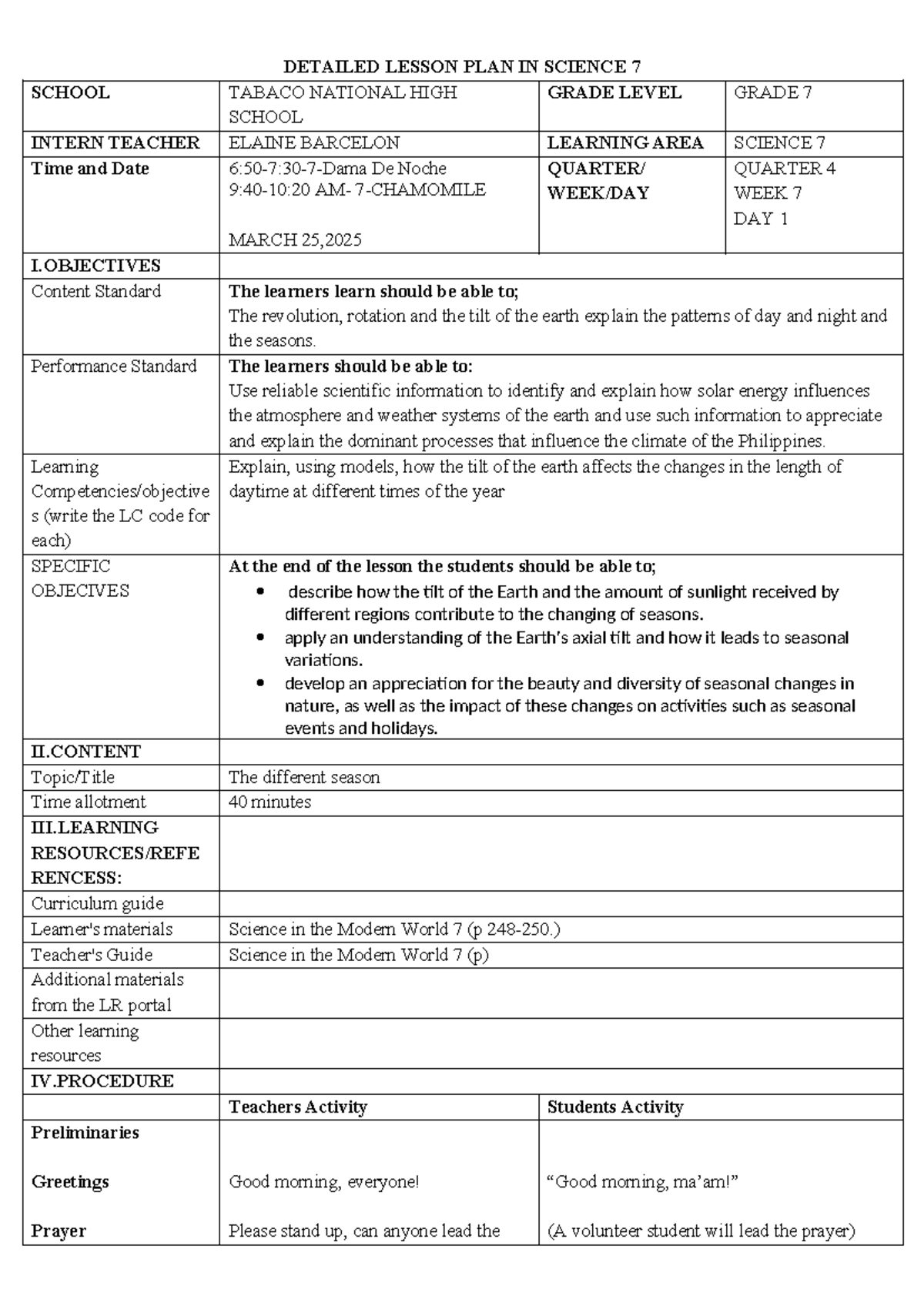 Detailed Lesson Plan: Science 7 - Understanding Earth's Seasons and ...