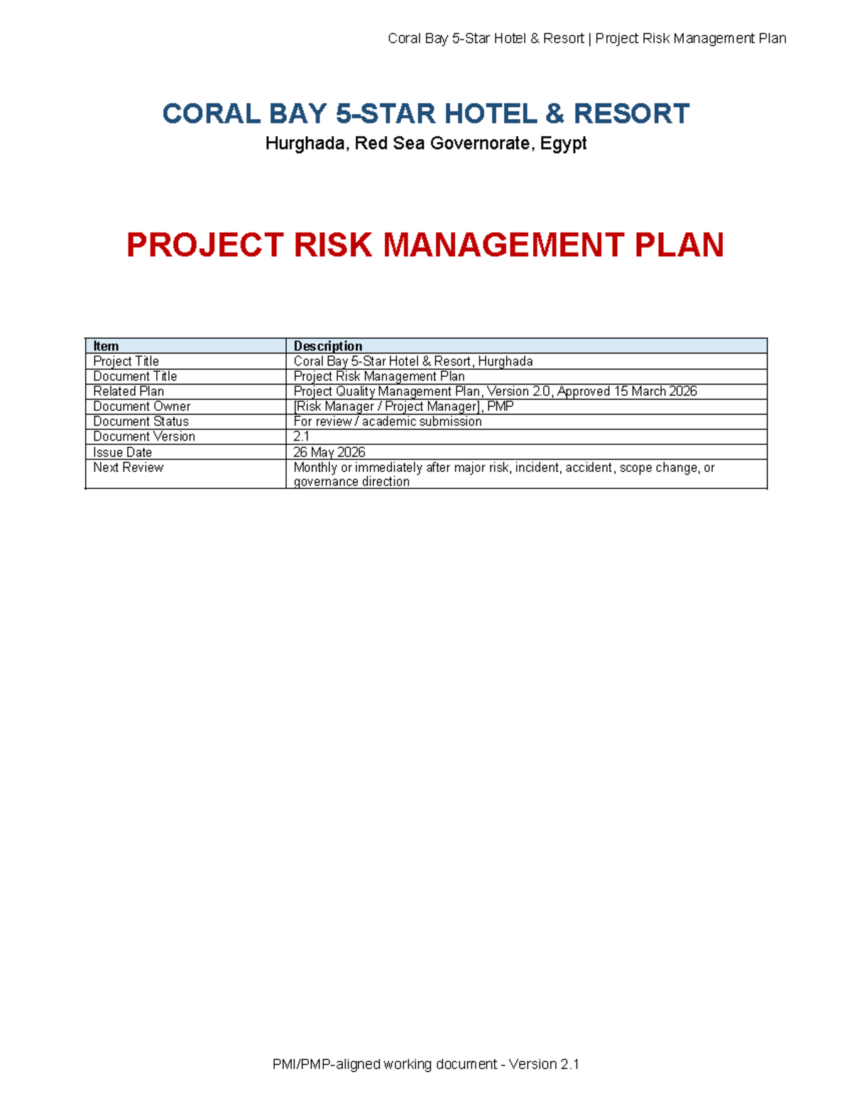 Coral Bay Hotel Resort Project Risk Management Plan (Version 2.1) - Studocu