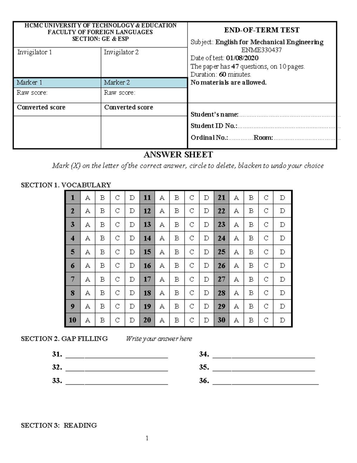 ENME330437 End-of-Term Test: English for Mechanical Engineering - Studocu