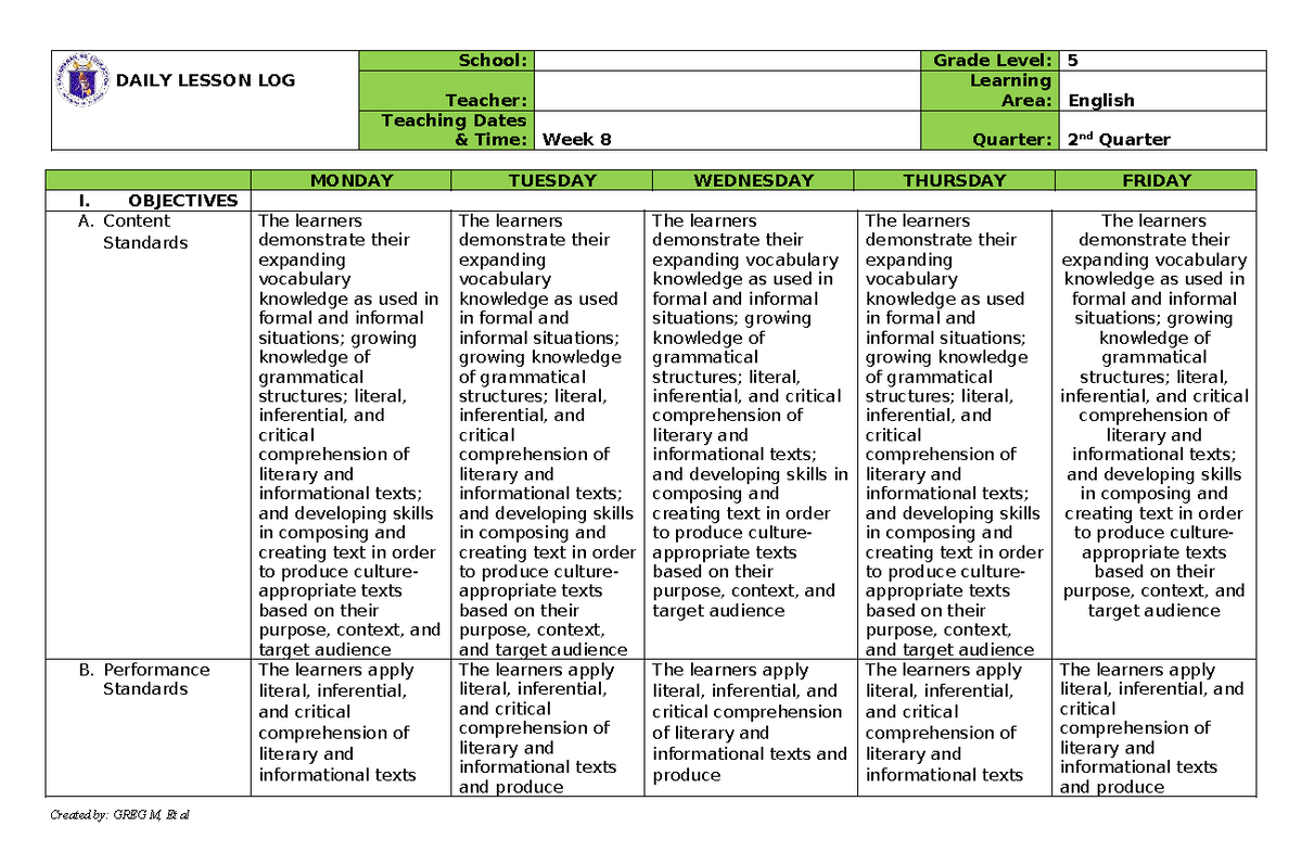 English 5 Q2 Week 8 - Daily Lesson Log and Objectives - Studocu