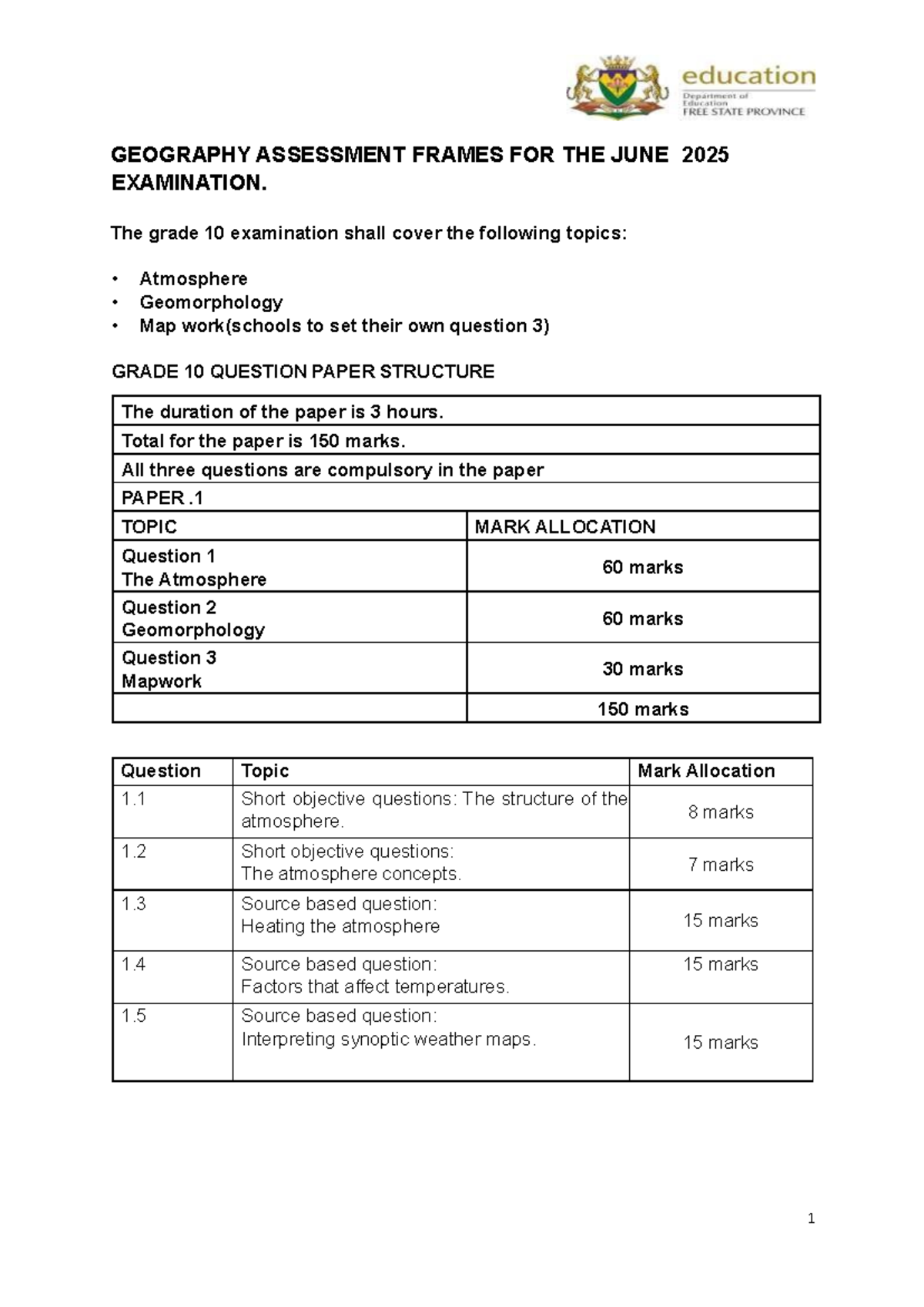 Geography Assessment Frames for June 2025 Exam (Grade 10 & 12) - Studocu