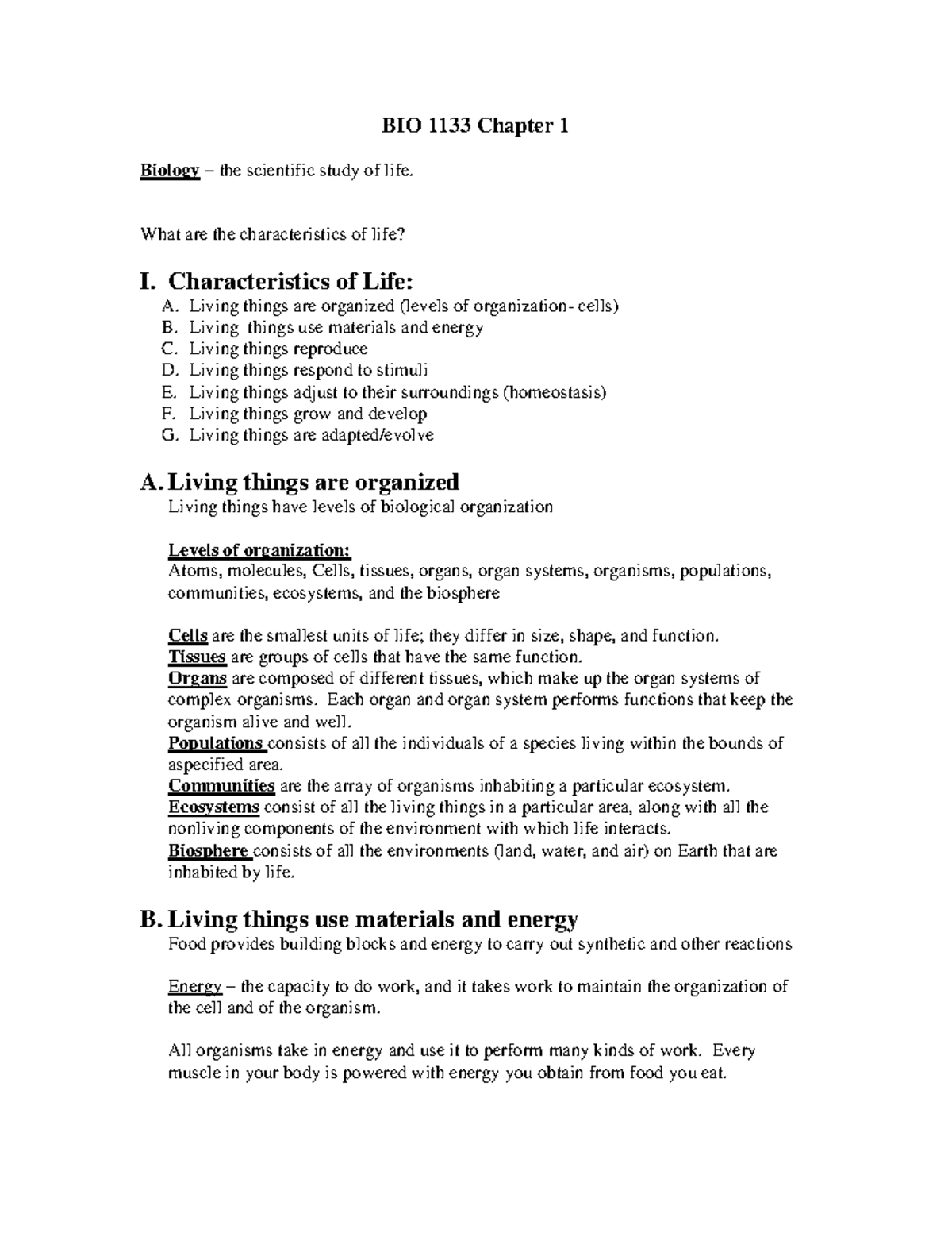 BIO 1133 Lecture Notes: Characteristics of Life and Classification ...