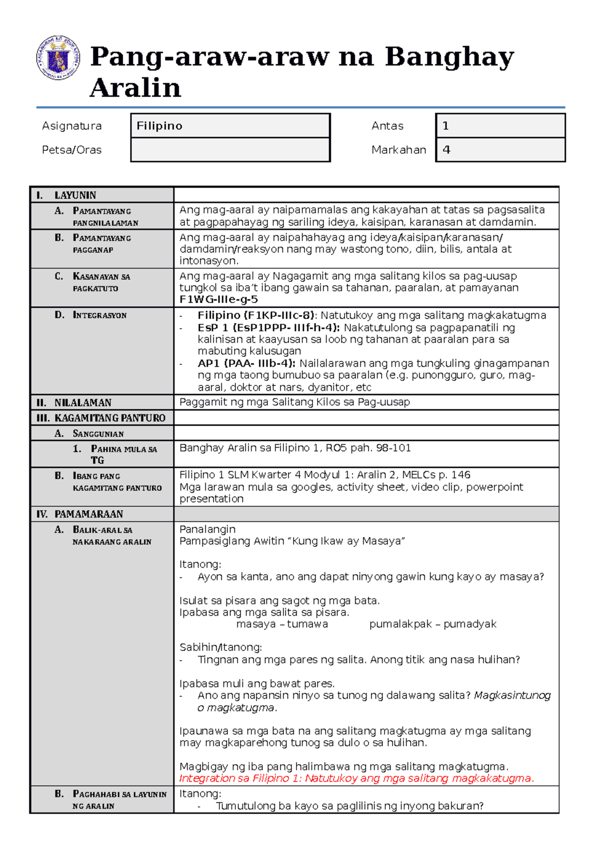 FIL1 Paggamit ng Salitang Kilos sa Araw-araw na Pag-uusap - Studocu