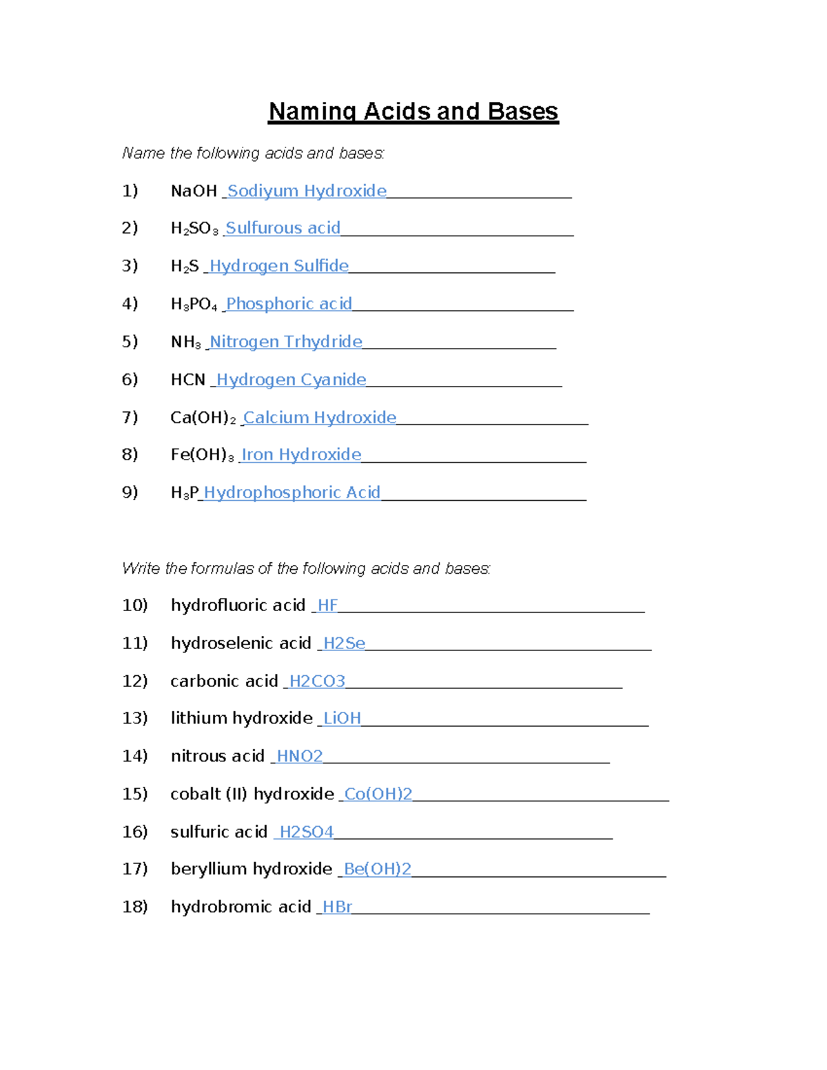 Naming Acids WS-0 - Madinatul Uloom Academy - Naming Acids and Bases ...