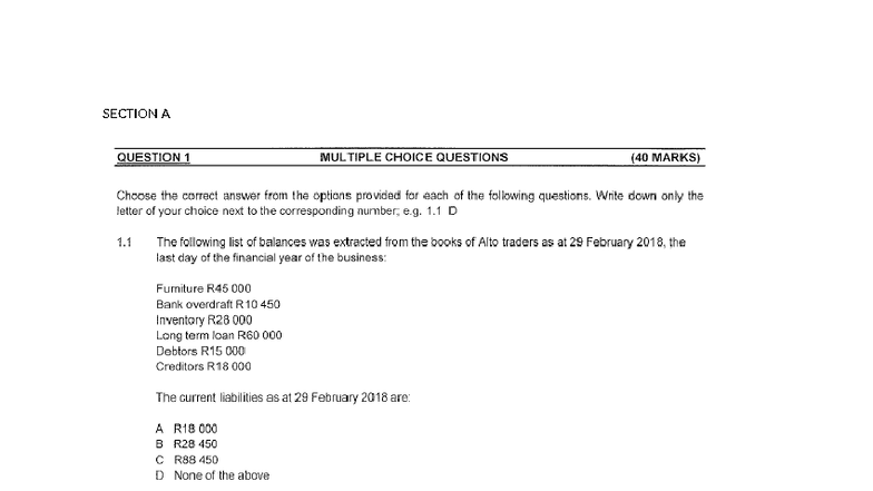 FNST Mock Exam Question Paper 3 - SECTION A QUESTION 1 MULTIPLE CHOICE ...