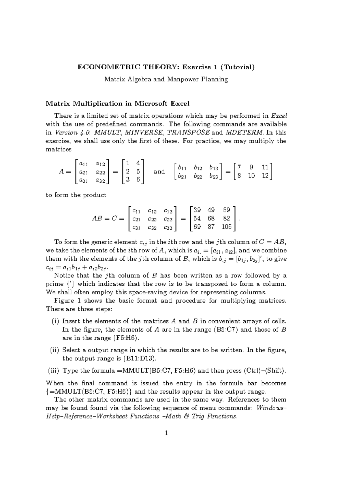 Econometric Theory - Exercise 1 (Tutorial) Matrix Algebra and Manpower ...